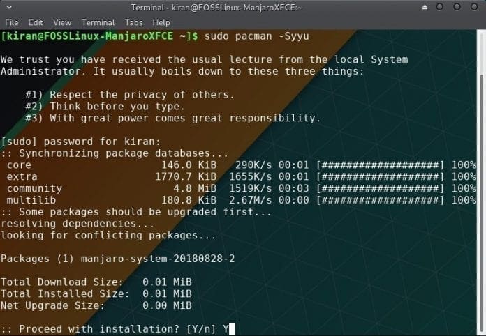 How to update Manjaro using command line in the Terminal