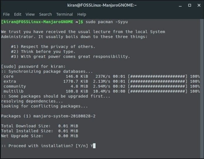 How to update Manjaro using command line in the Terminal